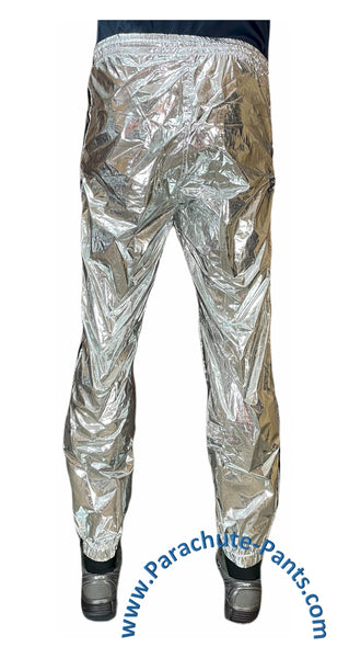 Bruno Silver Thin Shiny Nylon 3-Stripe Wind Pants | The Parachute Pants ...