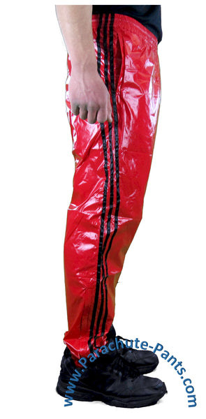 Bruno Red Shiny Nylon/Plastic 3-Stripe Wind Pants | The Parachute Pants ...